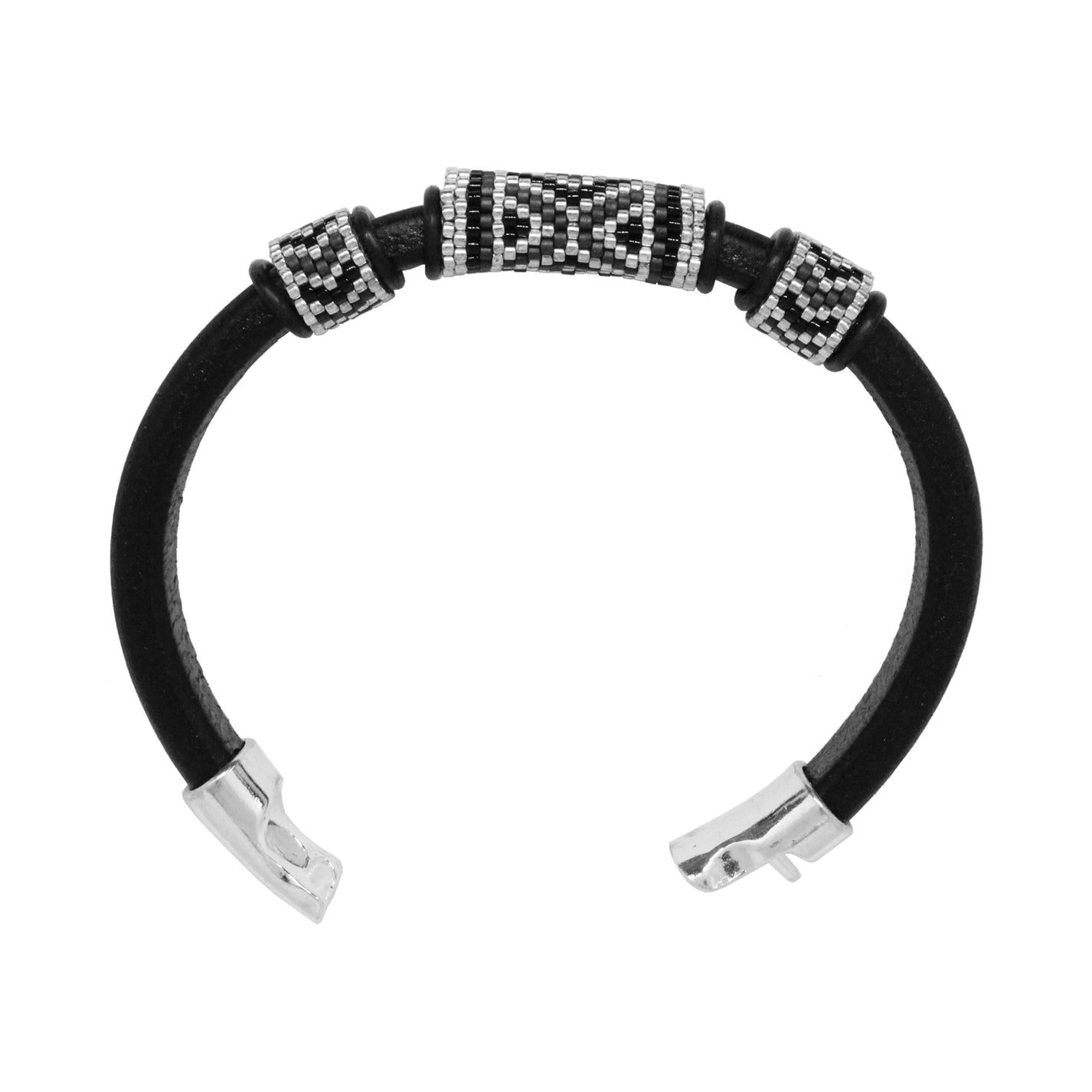 BLACK Geometric Bracelet / fits 6.5 to 7 Inch wrist size / leather wit ...